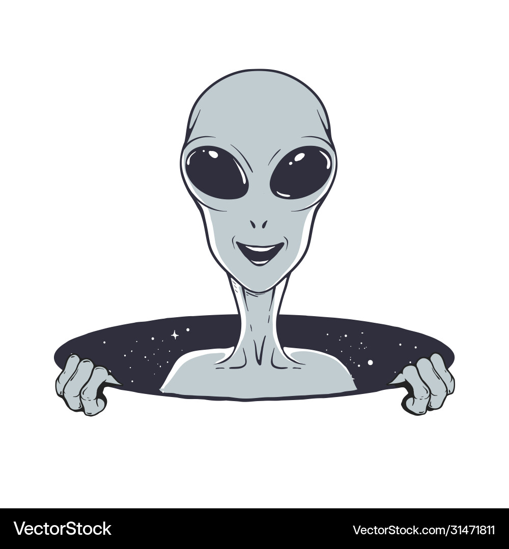 Smiling alien peeps out from hole space Royalty Free Vector