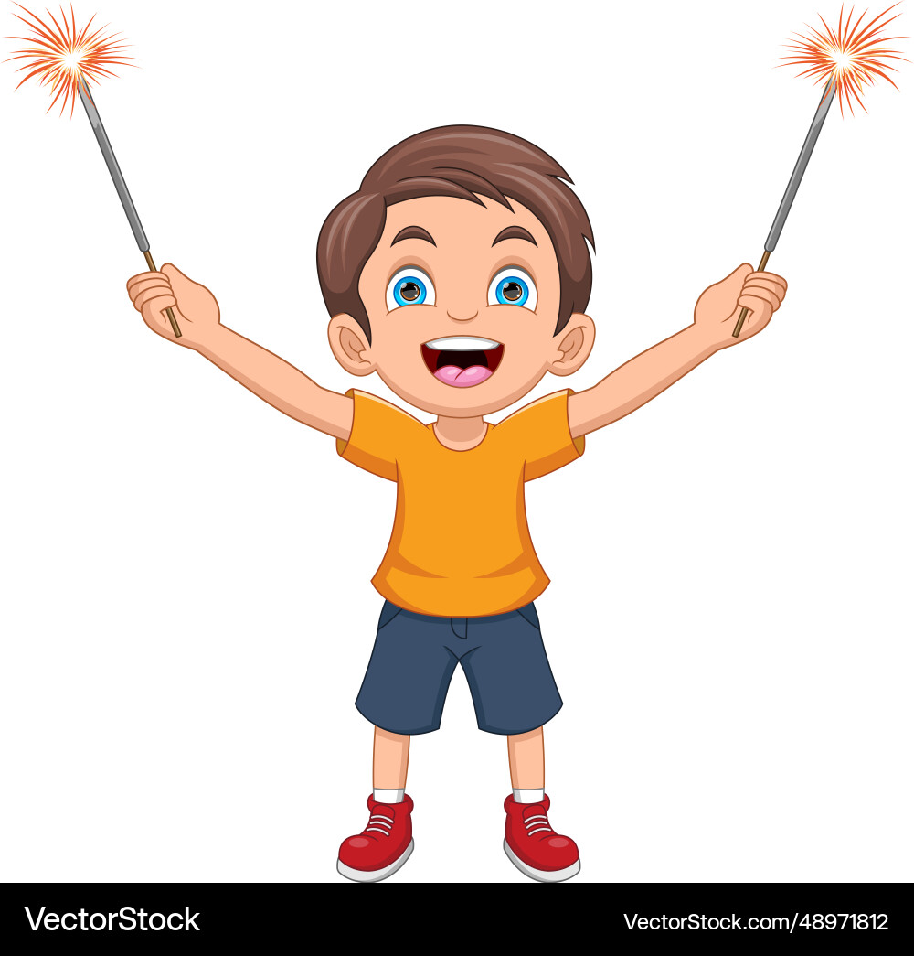 Little boy holding fireworks cartoon Royalty Free Vector