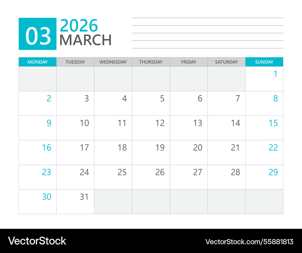 Calendar 2026 template march Royalty Free Vector Image