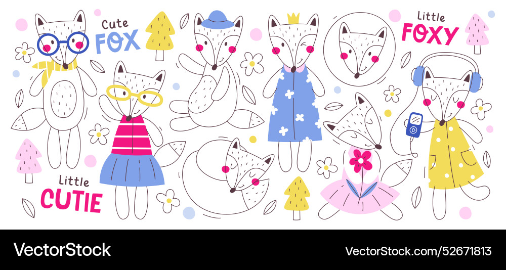 Cute childish fox characters set with outline – Royalty-Free Vector ...