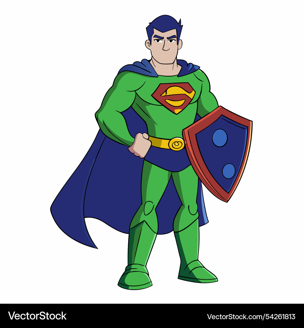 Green-cloaked hero with shield art Royalty Free Vector Image