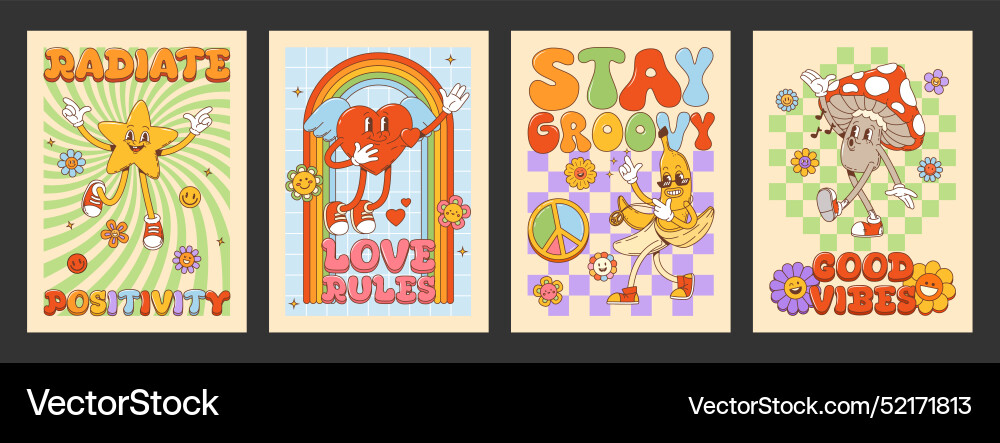 Groovy posters with retro cartoon characters Vector Image
