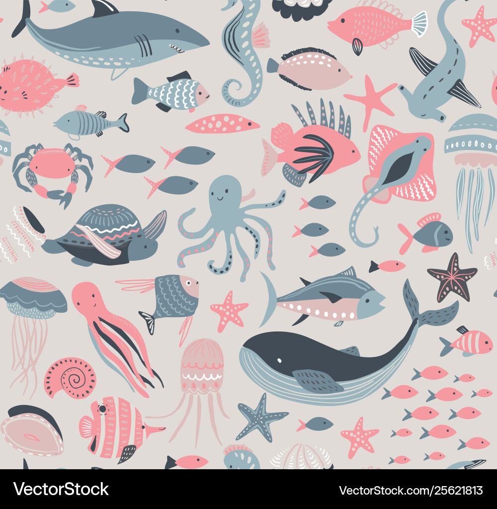Seamless pattern with fish and sea animals Vector Image