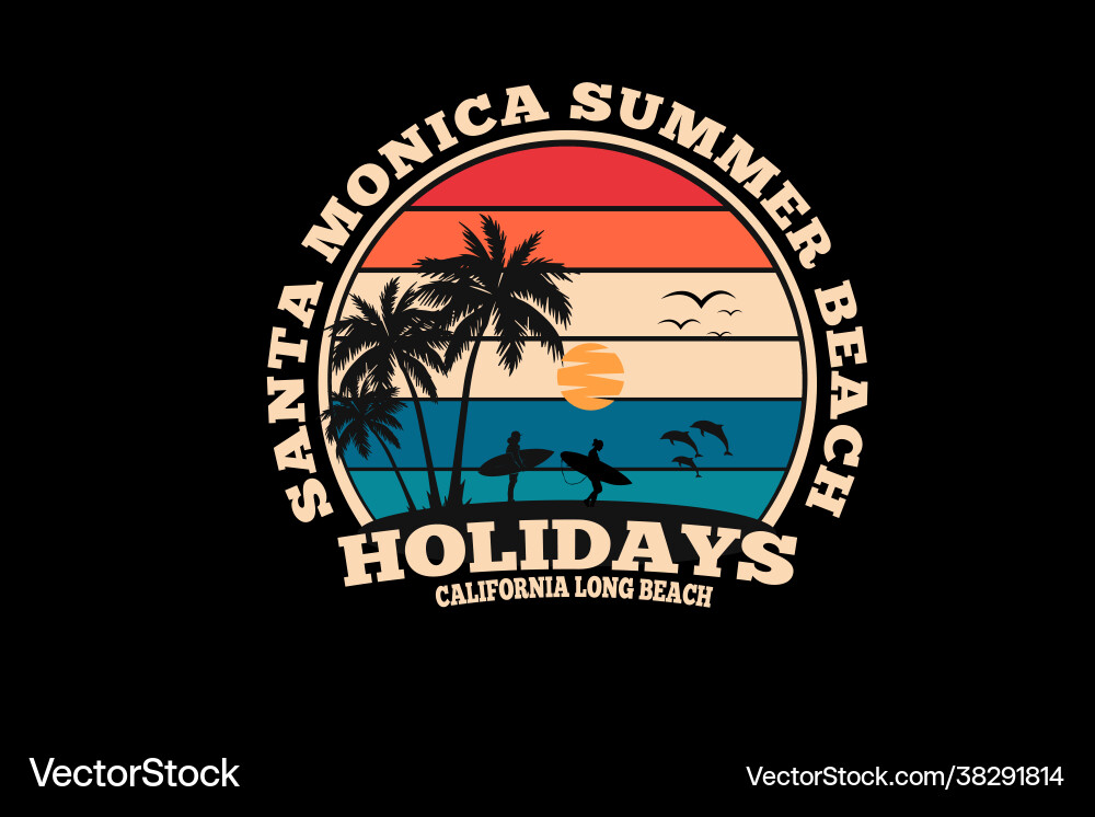 Santa Monica Beach Retro Silhouette Royalty Free Vector