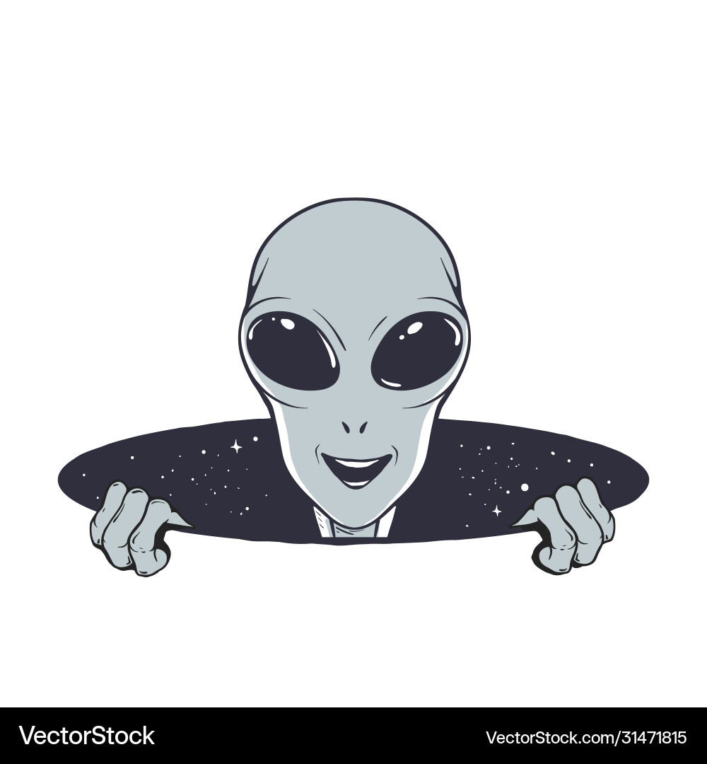 Happy alien peeps out from hole space Royalty Free Vector