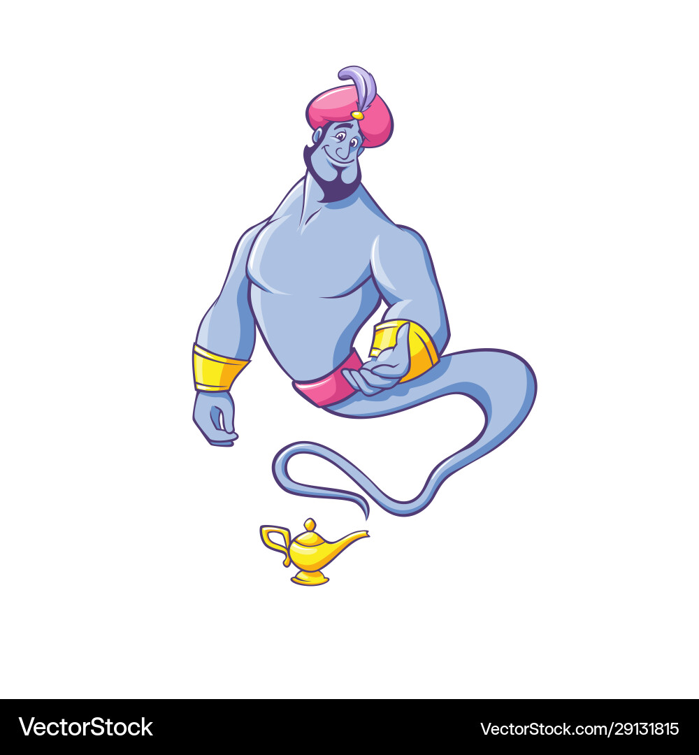 Smiling cartoon genie coming out magic lamp Vector Image