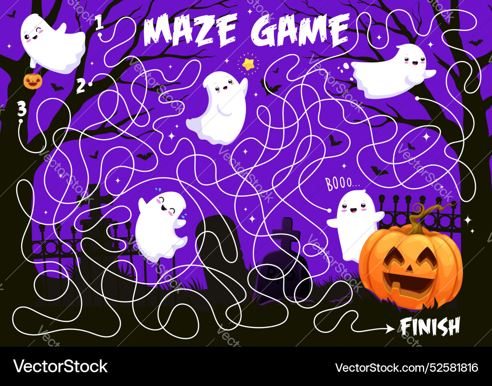 Help to halloween ghosts find a pumpkin maze game Vector Image
