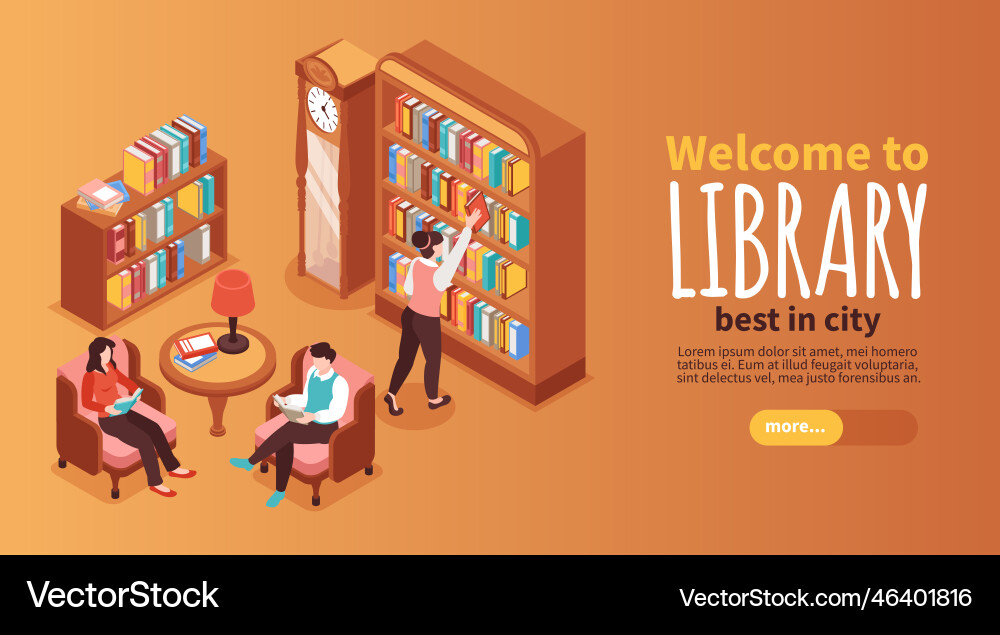 Library isometric horizontal banner Royalty Free Vector