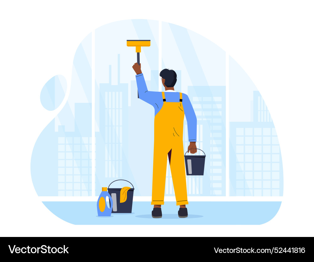 Man washes window young guy in uniform Royalty Free Vector