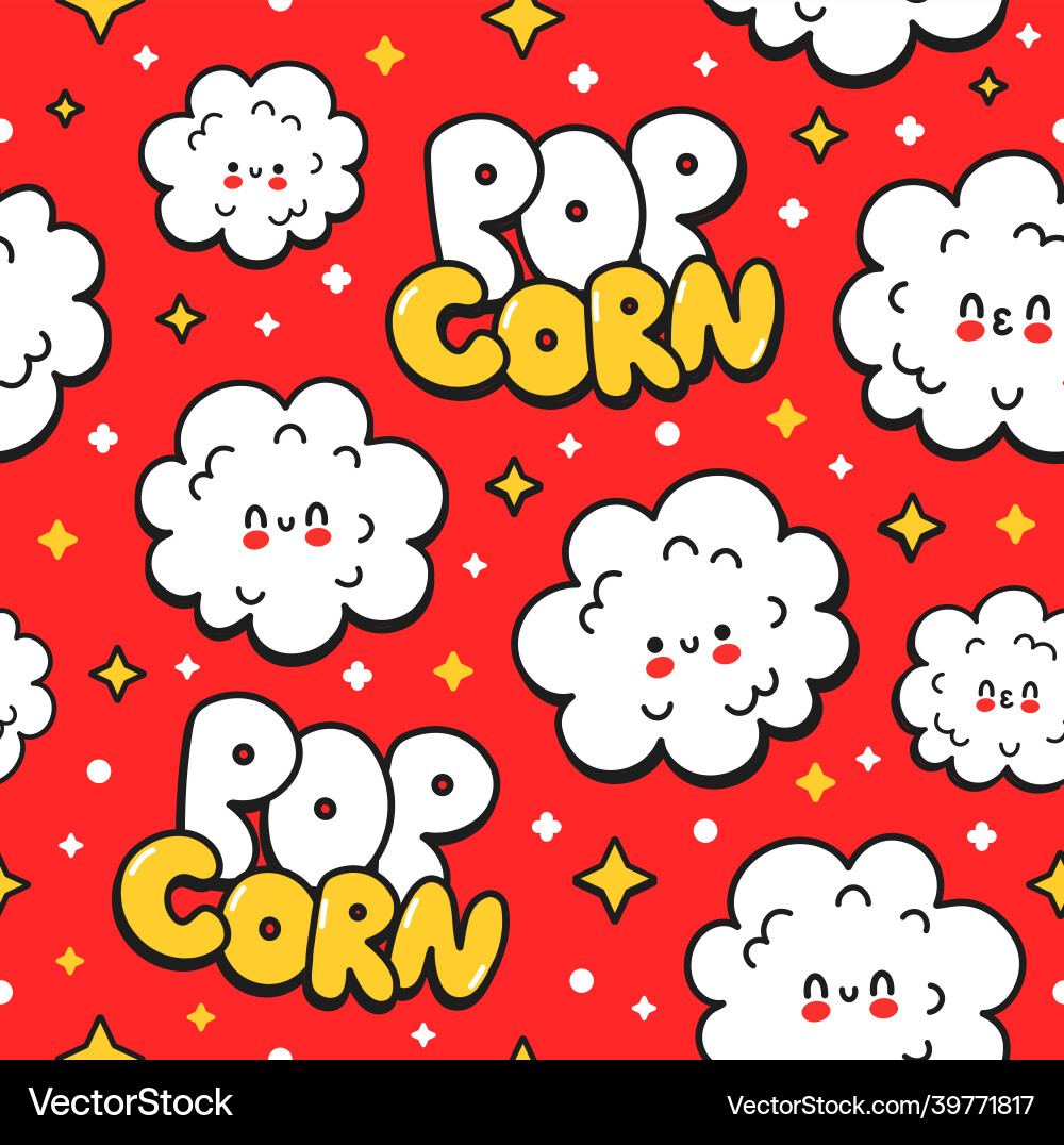 Cute happy funny popcorn seamless pattern on red Vector Image