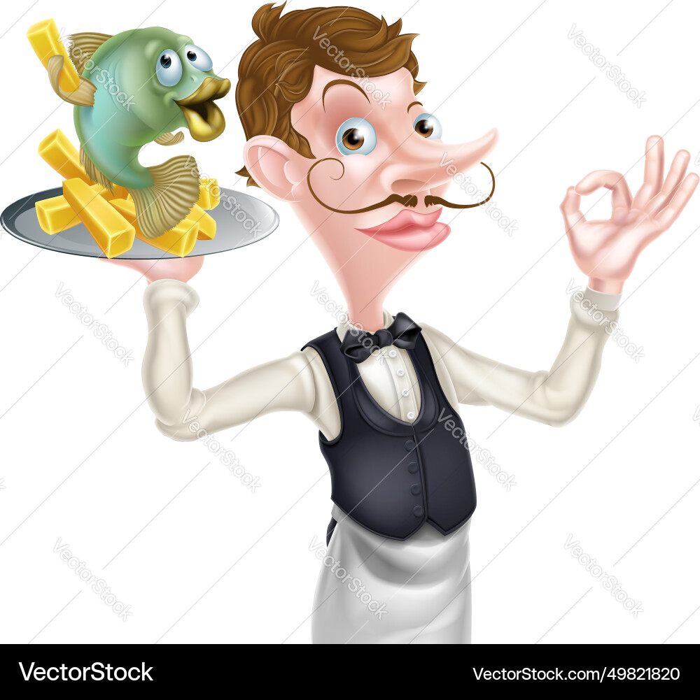 Cartoon waiter butler fish and chips Royalty Free Vector