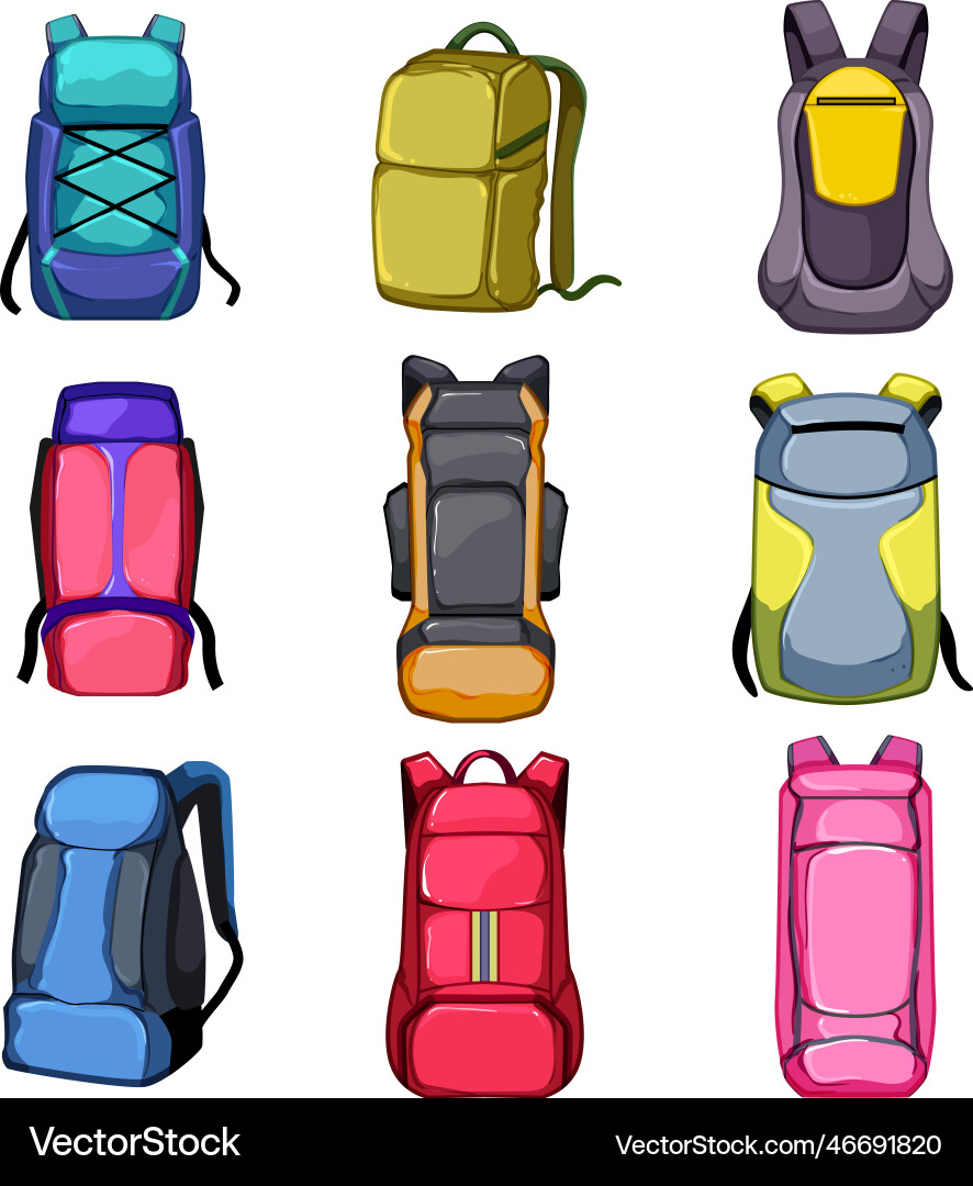 Hiking backpack set cartoon Royalty Free Vector Image