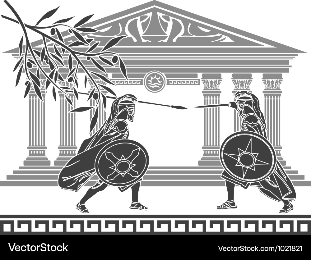 Greek warriors and temple Royalty Free Vector Image
