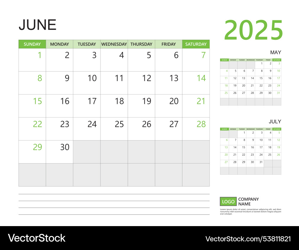 June 2025 year calendar planner template Vector Image