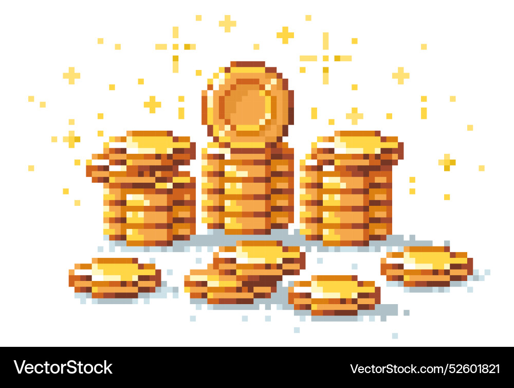 Pixel coins stack retro 8 bit video game golden Vector Image