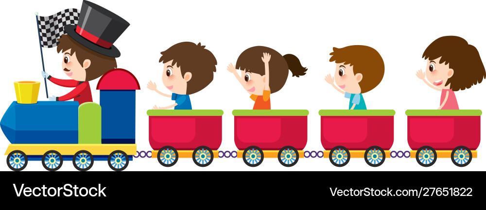 Four children riding on train white background Vector Image