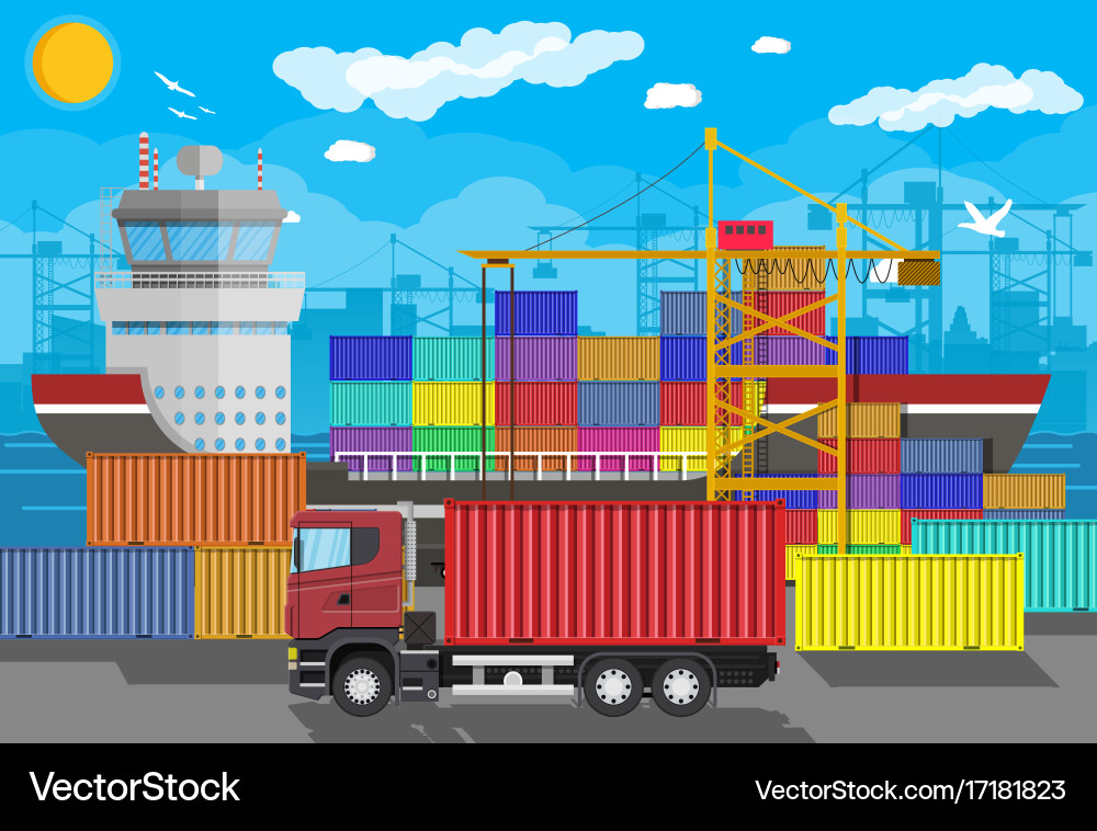 Cargo ship container crane truck port logistics Vector Image