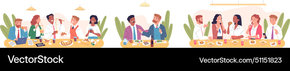 Colleagues office lunch friendly employees eating Vector Image