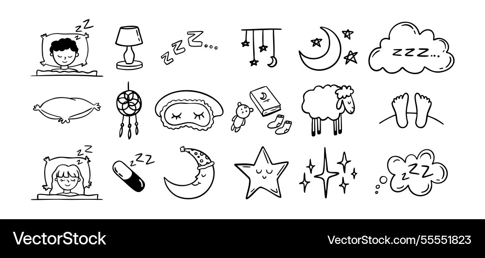 Hand drawn doodle set of sleep related sleeping Vector Image