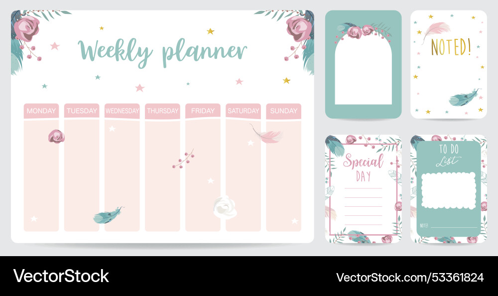 Cute weekly planner background with flowerfeather Vector Image