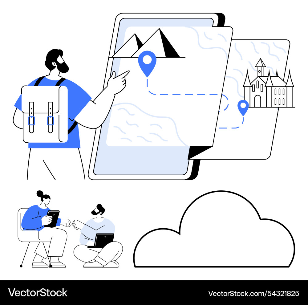 Interactive map with two adventurers planning Vector Image