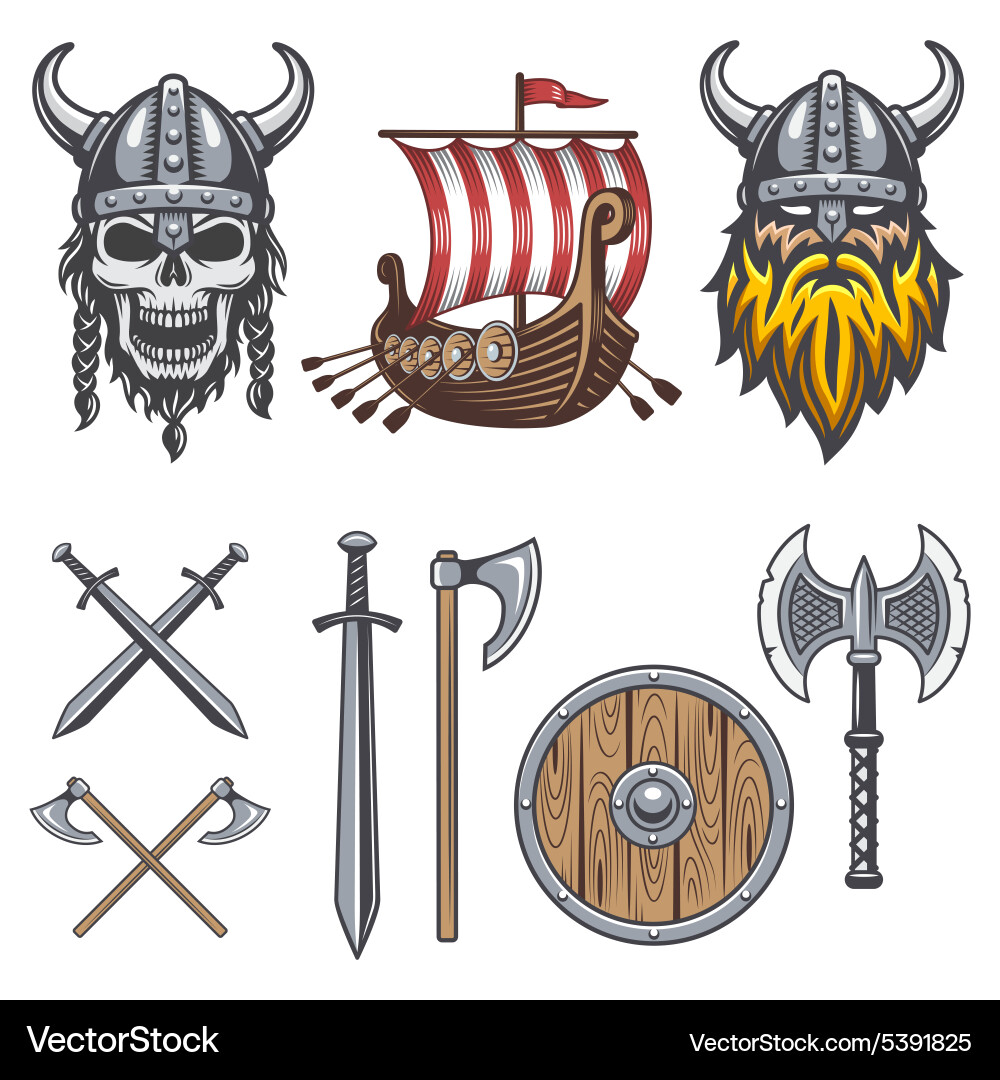 Set of colored viking elements Royalty Free Vector Image