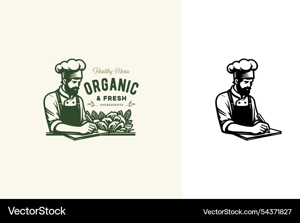 Chef write recipe fresh vegetables organic logo Vector Image