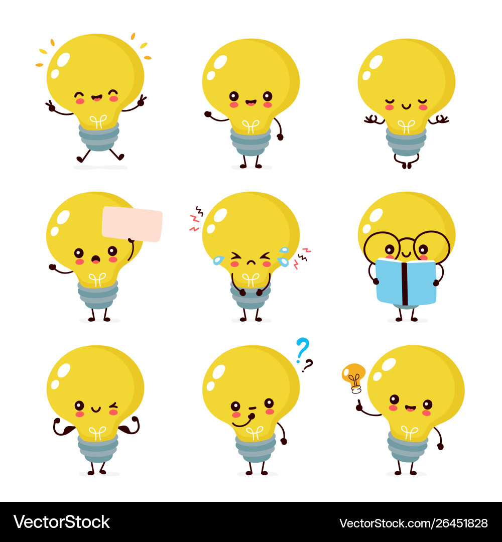 Cute happy smiling light bulb character Royalty Free Vector