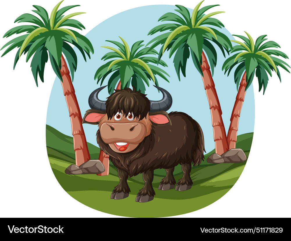 Cartoon buffalo smiling among palm trees Vector Image