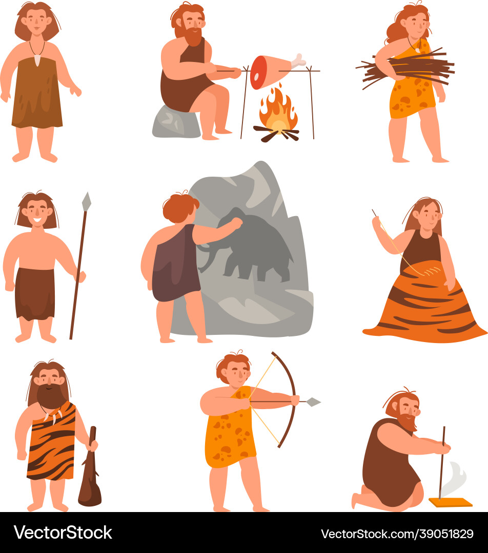 Stone age people ancient cute men Royalty Free Vector Image