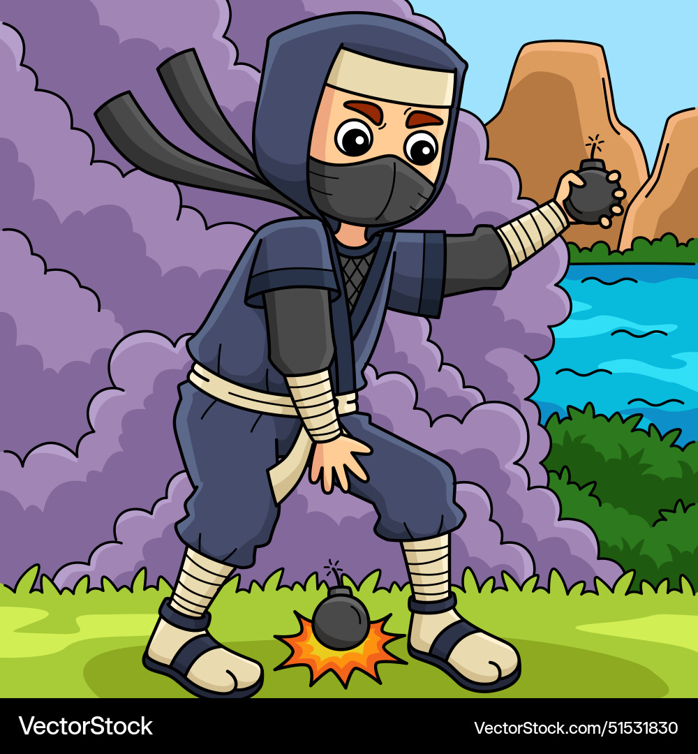 Ninja with smoke bomb colored cartoon Royalty Free Vector