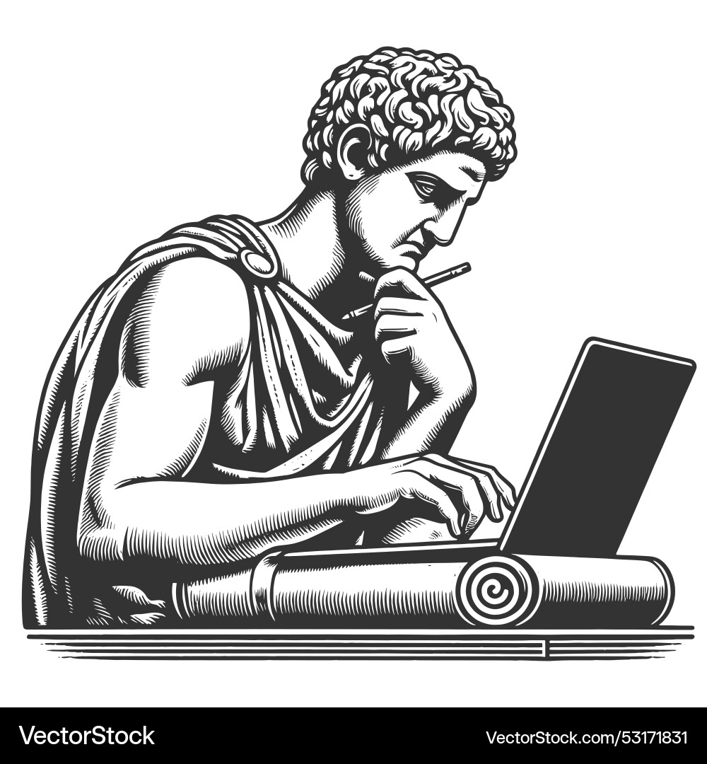 Classical statue works on laptop engraving Vector Image