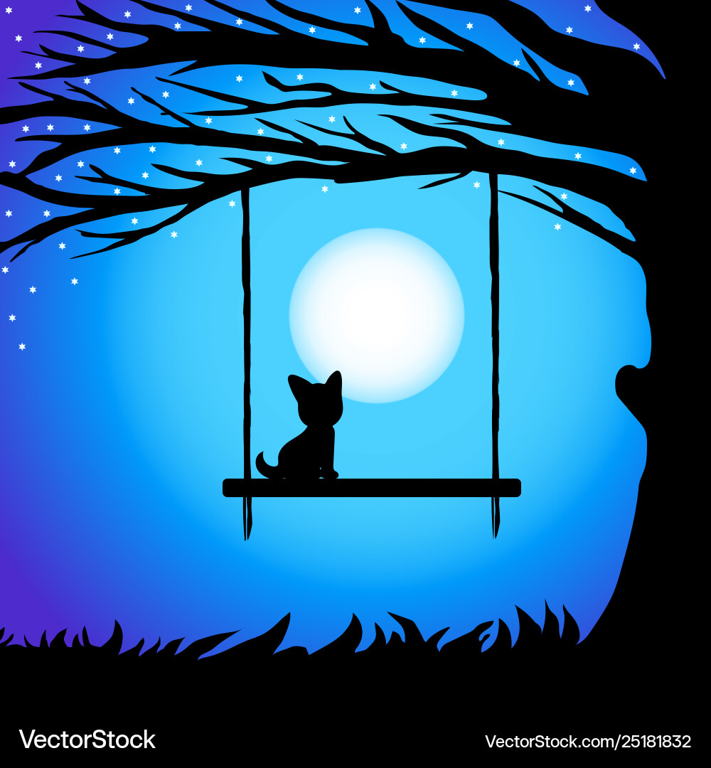 Nighttime Tree Silhouette with Cat Royalty Free Vector Image