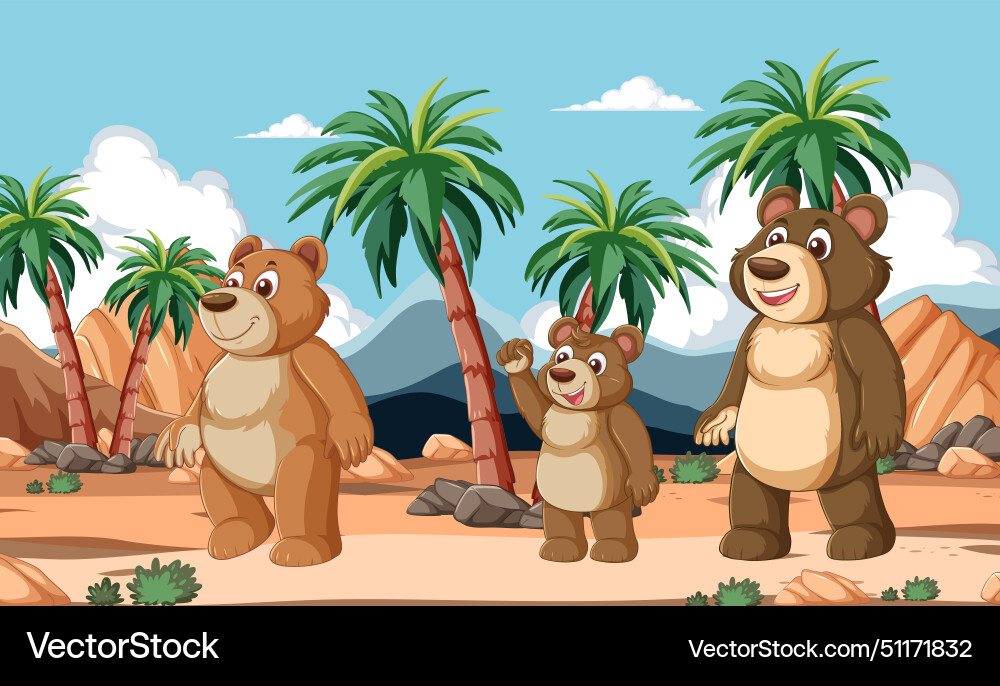 Three cartoon bears standing near palm trees Vector Image