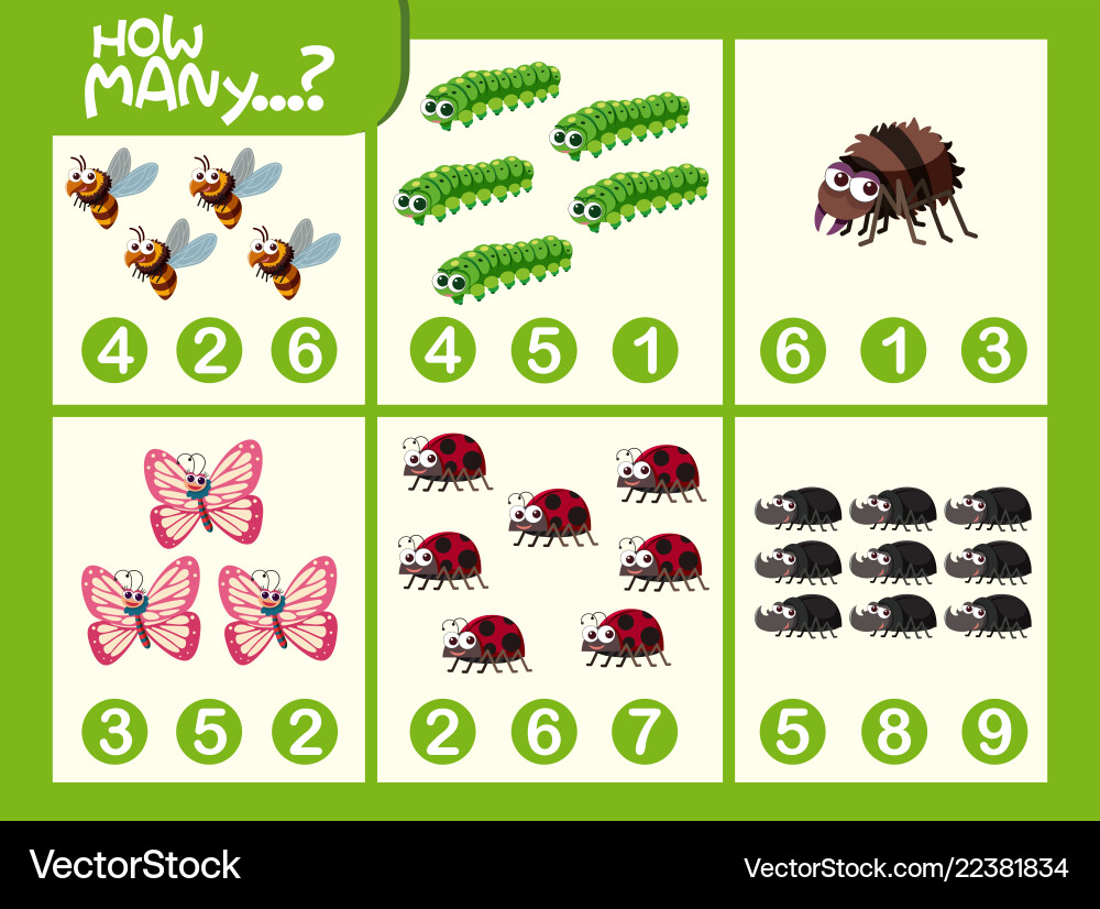 Insect math number worksheet Royalty Free Vector Image