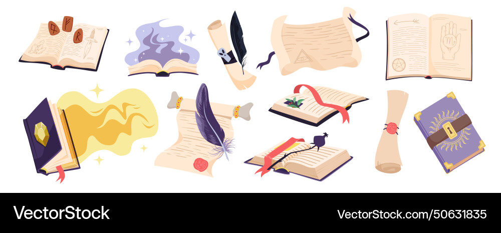 Magic books and fairy scrolls set open closed Vector Image