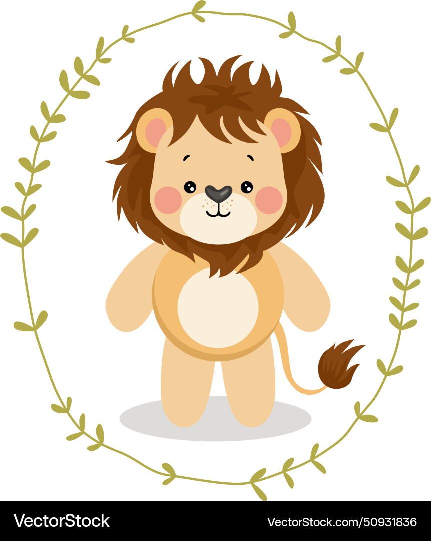 Cute lion inside an oval leaves border Royalty Free Vector