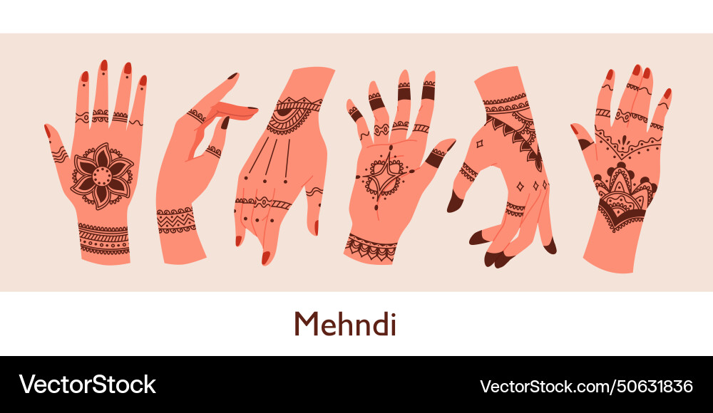 Female hands with mehendi patterns set mehndi Vector Image