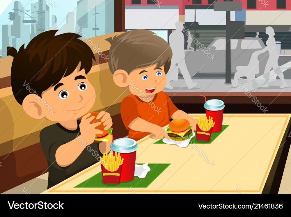 Kids eating hamburger and fries Royalty Free Vector Image