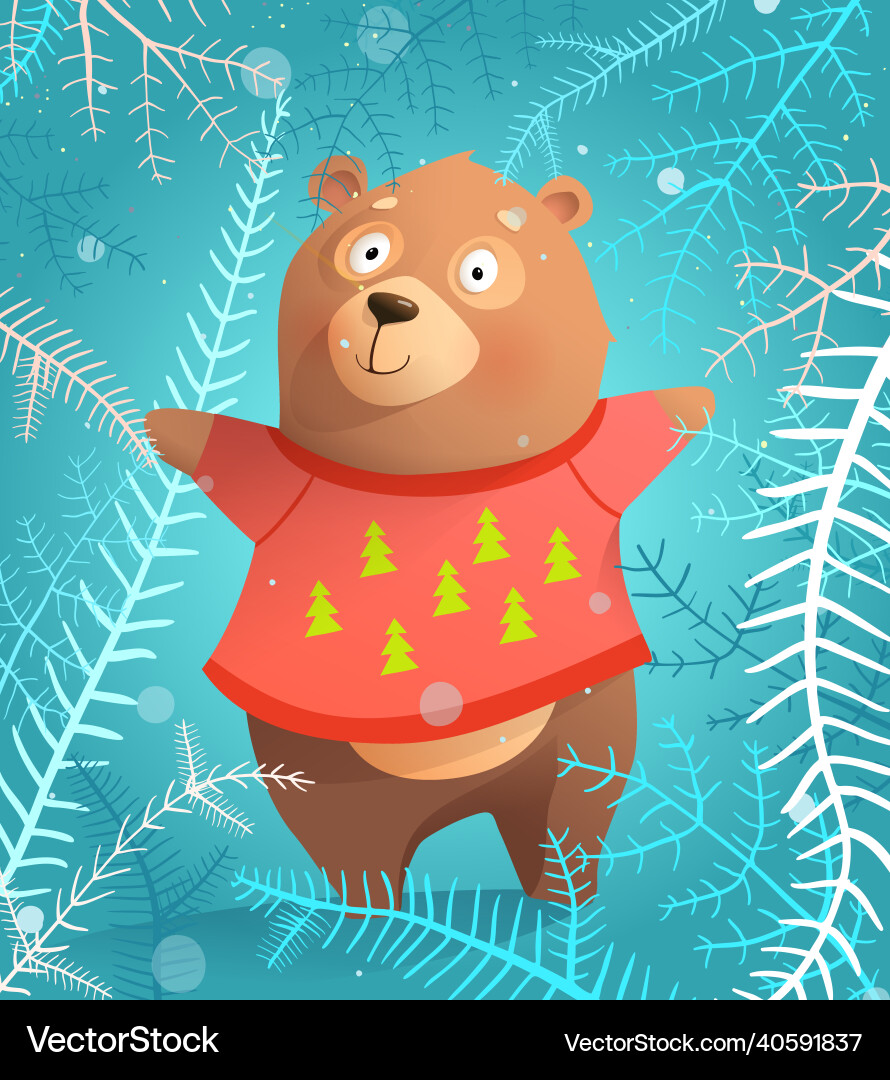 Bear kid wearing sweater winter christmas postcard