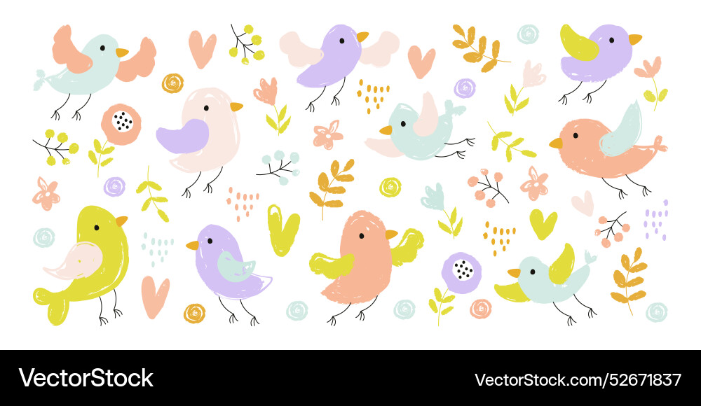 Cute birds and flowers colorful scribble sketch Vector Image