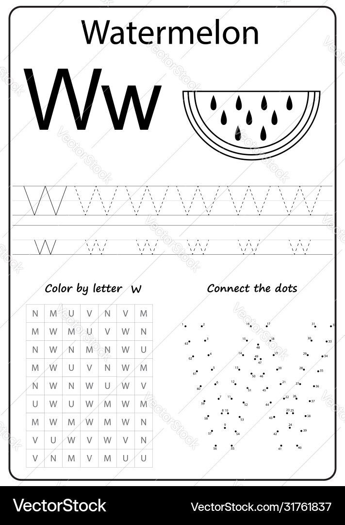 Letter w alphabet worksheet task for kids Vector Image