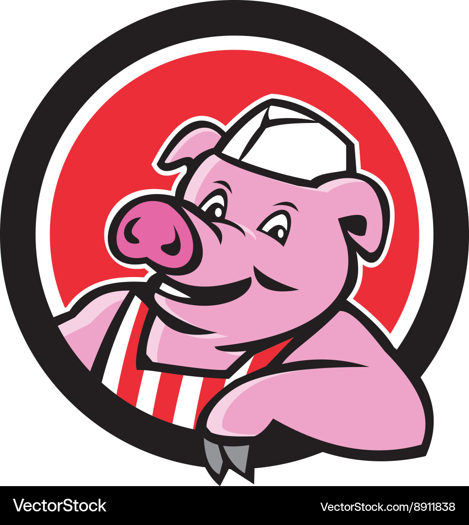 Butcher pig leaning circle cartoon Royalty Free Vector Image