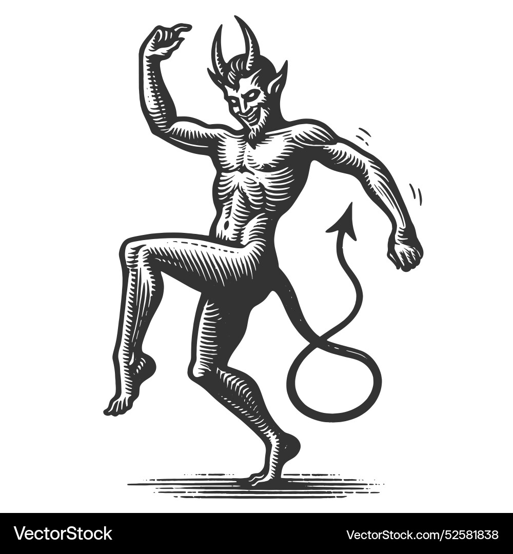 Dancing devil engraving sketch Royalty Free Vector Image