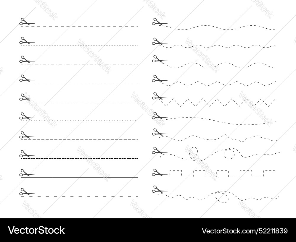 Cut here black scissors cutting set of cut dash Vector Image