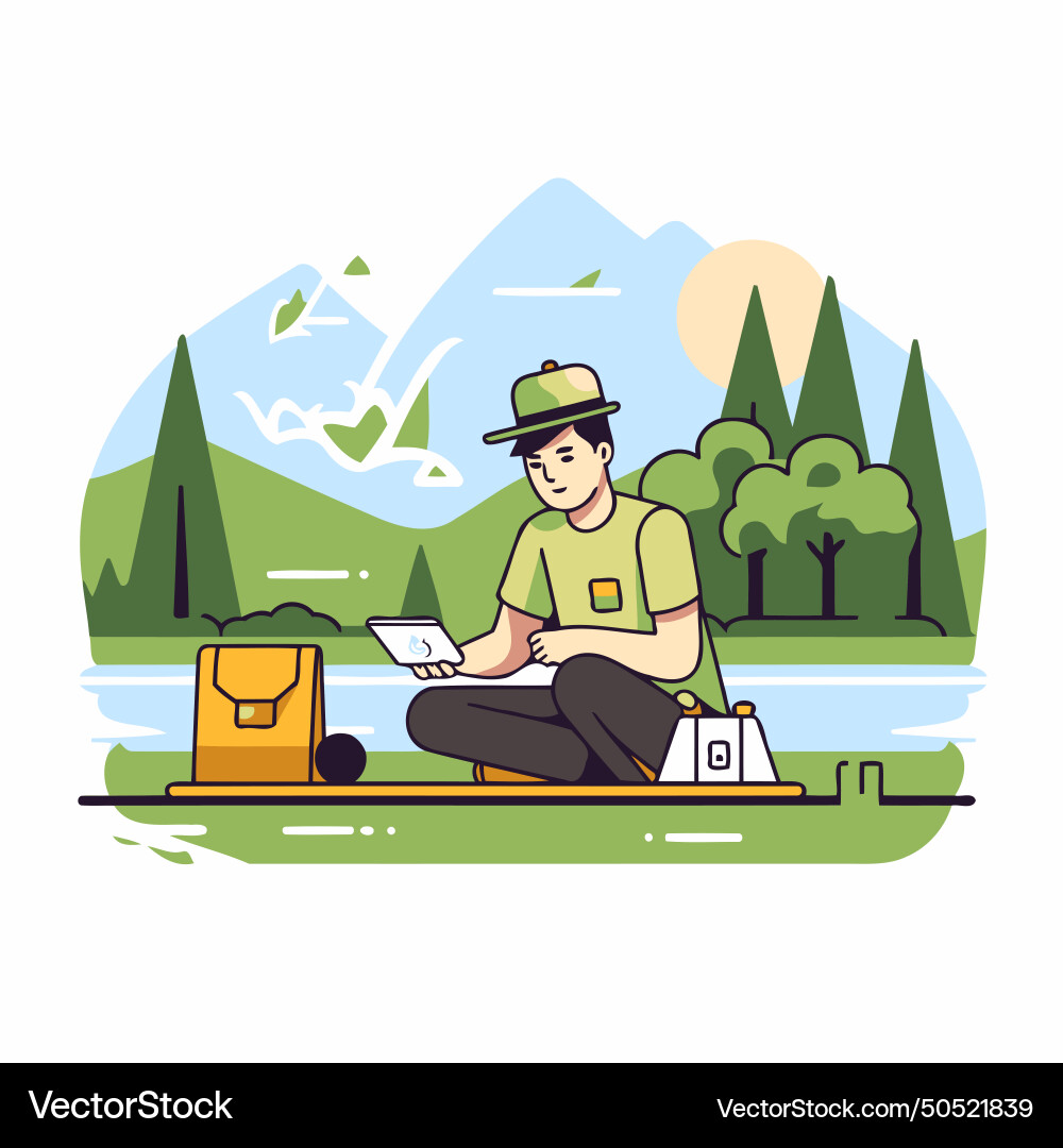 Fisherman with a laptop in the park Royalty Free Vector