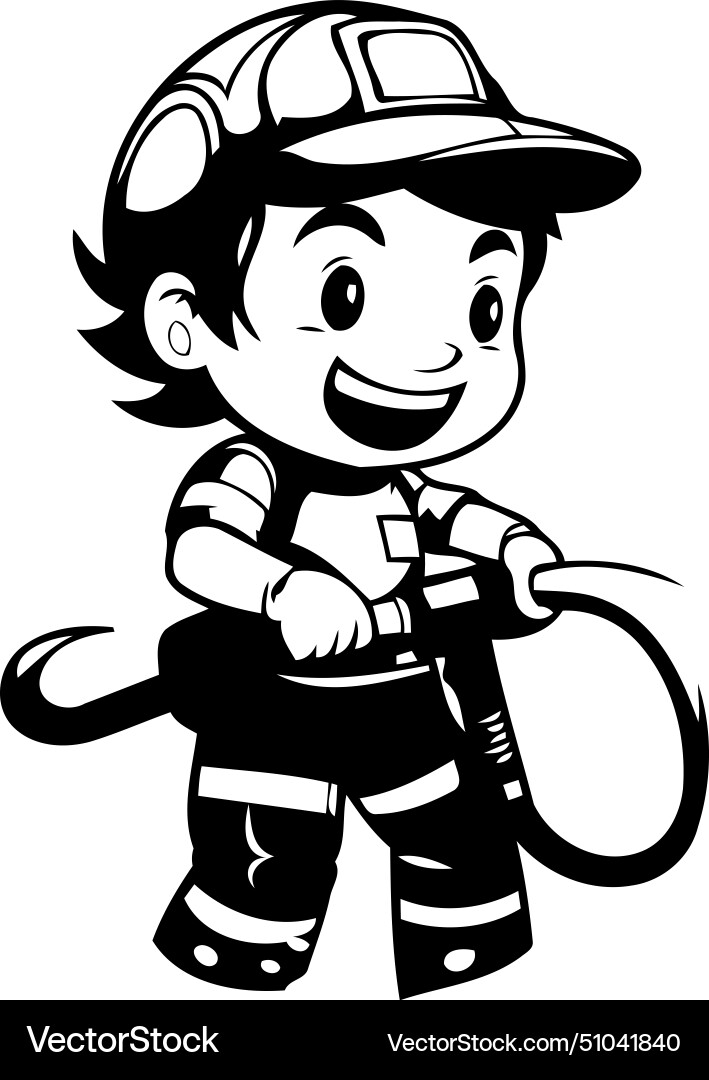 Cartoon boy with fire hose on blue background Vector Image