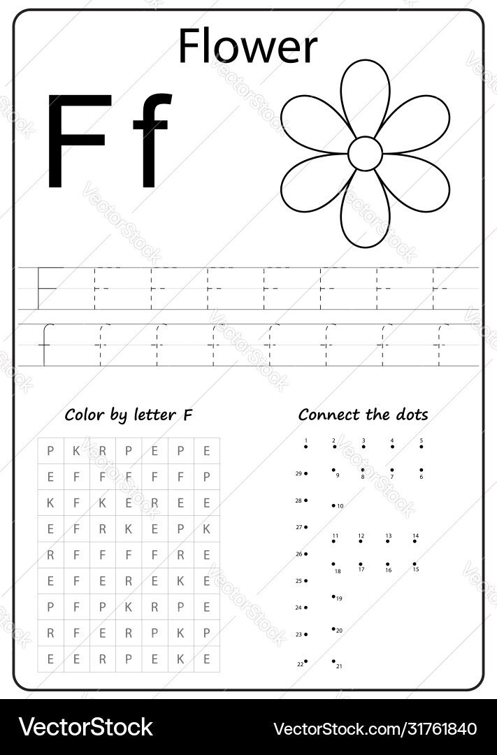 Letter f alphabet worksheet task for kids Vector Image