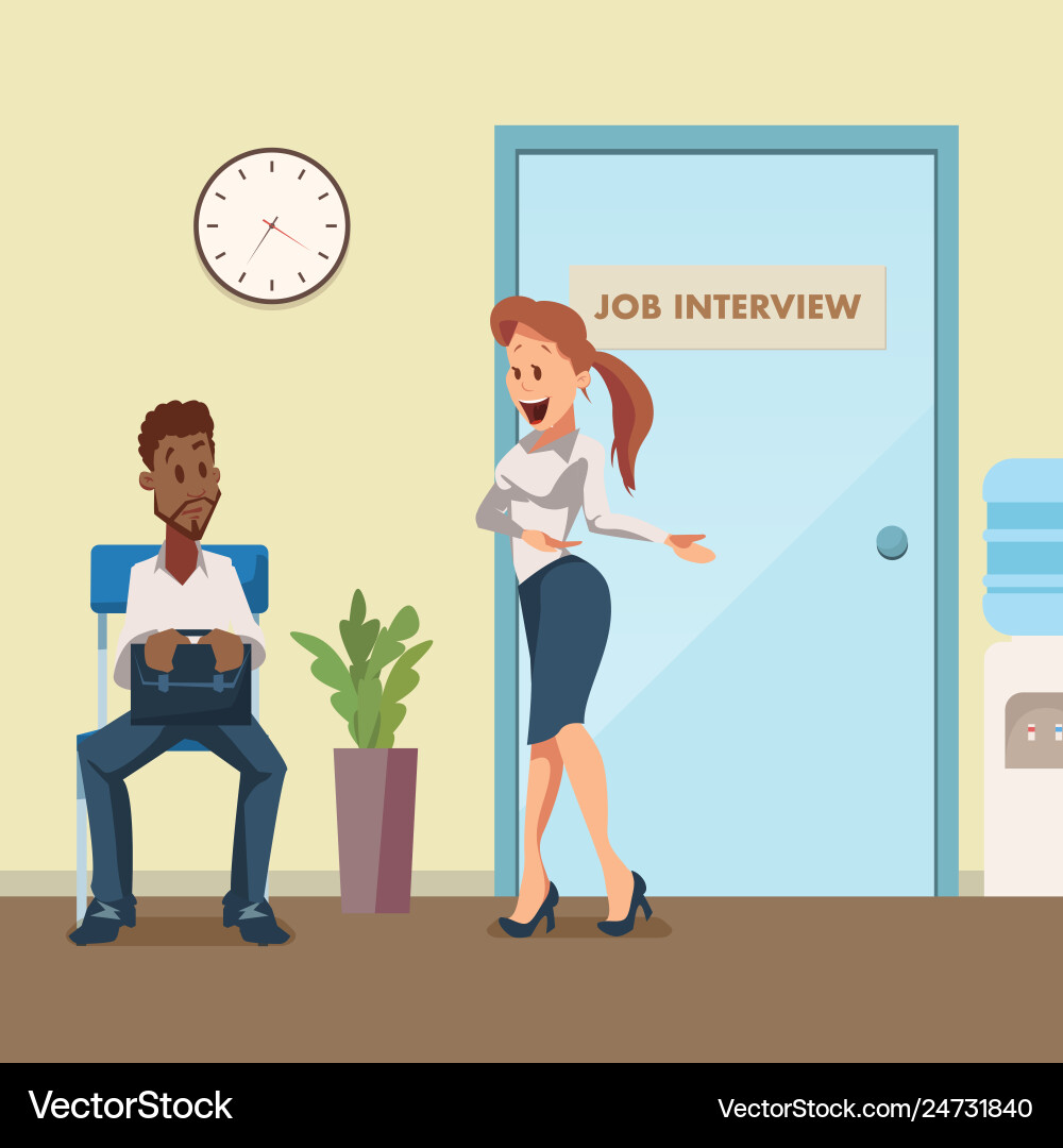 Man in suit wait job interview at door corridor Vector Image