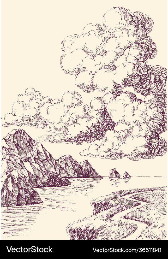 Clouds over sea nature hand drawing Royalty Free Vector